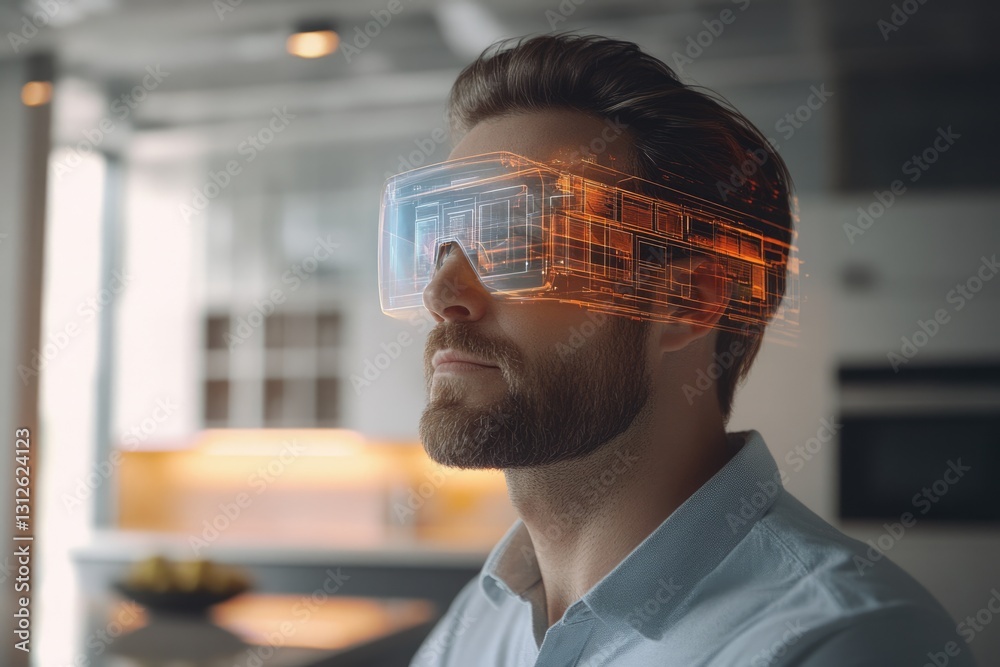 Man wearing transparent VR glasses visualizing a modern kitchen design in augmented reality ...