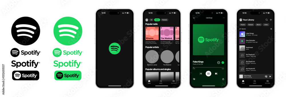 Spotify interface icons. Editorial interface mockup of Spotify. iPhone ...