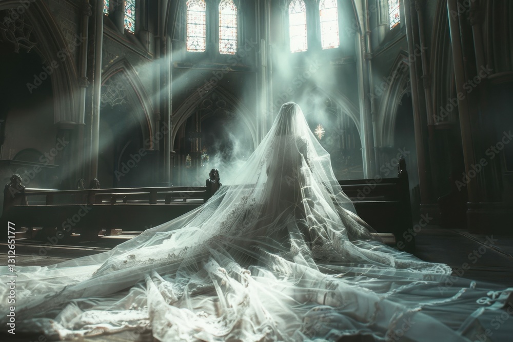 Bride in ethereal veil stands in a gothic cathedral illuminated by soft ...