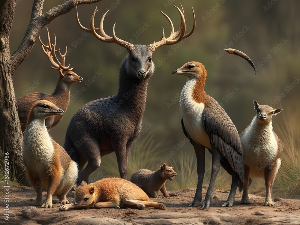 Fantasy Creatures Deer-like Animal, Bird-like Species, and Mammals in a ...