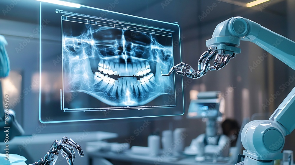 Dentist in a futuristic clinic analyzing a digital 3D tooth X ray on a transparent holographic ...
