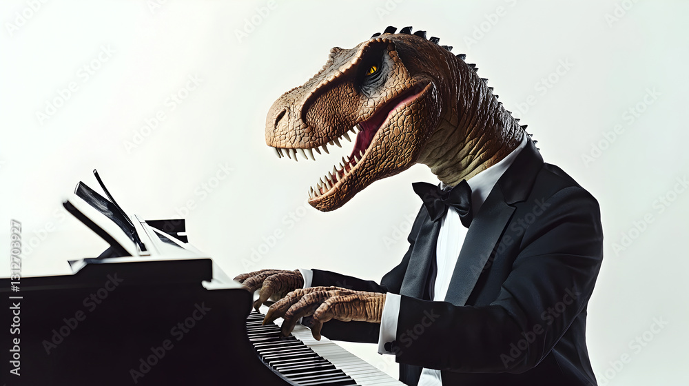 Humorous and Surreal Illustration of a T-Rex in a Black Tuxedo Playing ...
