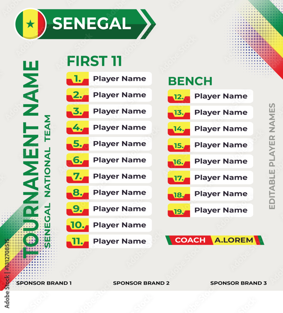 Editable Lineup Sheet with Player Names for Senegal Team Stock Vector ...