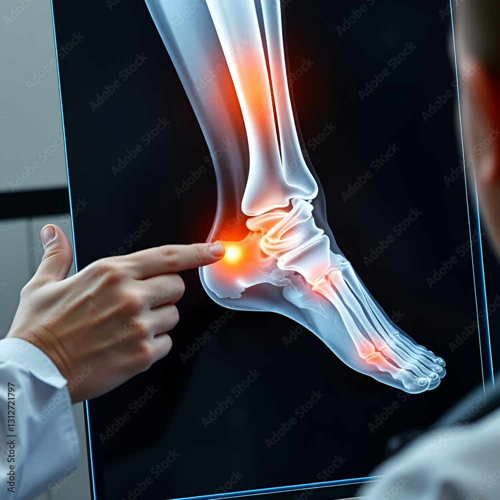 Doctor examining xray of swollen ankle joint for gout treatment diagnosing inflamed foot joint ...
