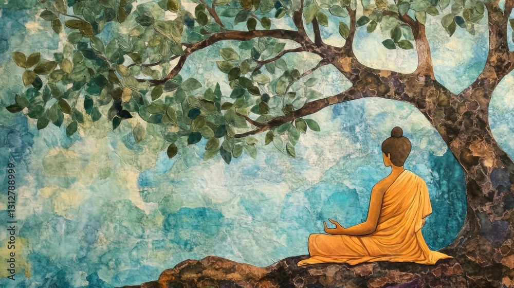 Buddhist monk meditating under tree in nature-inspired artwork Stock ...