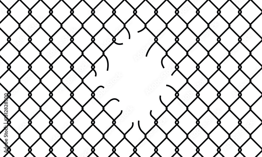 Broken chain-link fence with ripped wire and barbed mesh. Old metal ...