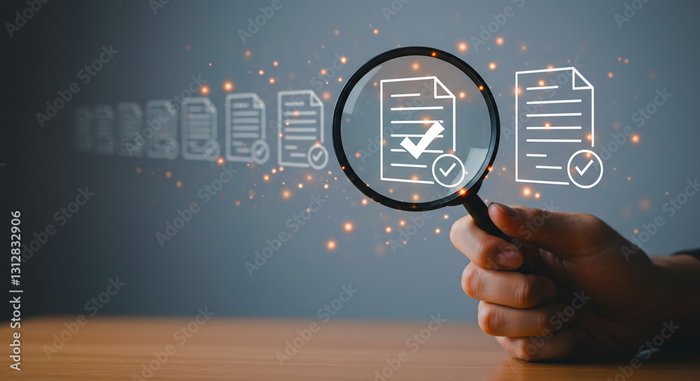 "Document verification and audit inspection with magnifying glass ...