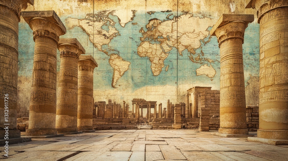 Ancient columns with a world map backdrop, blending history and ...
