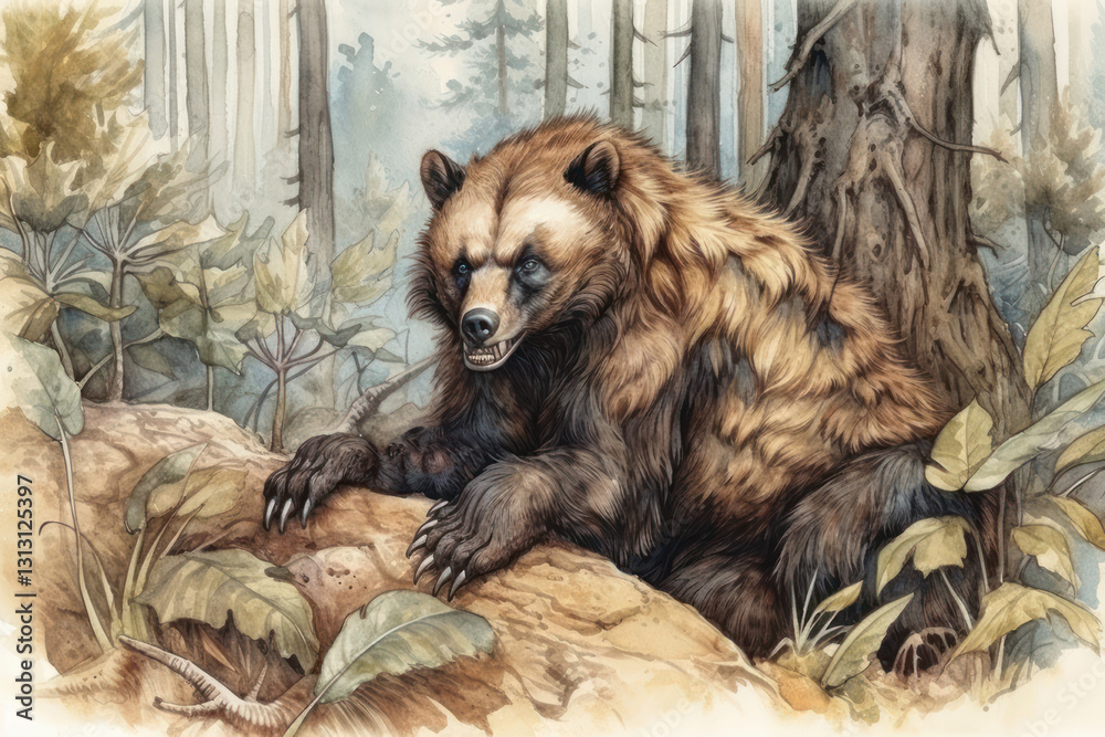 wolverine in the forest. The animal lies on a large fallen tree ...