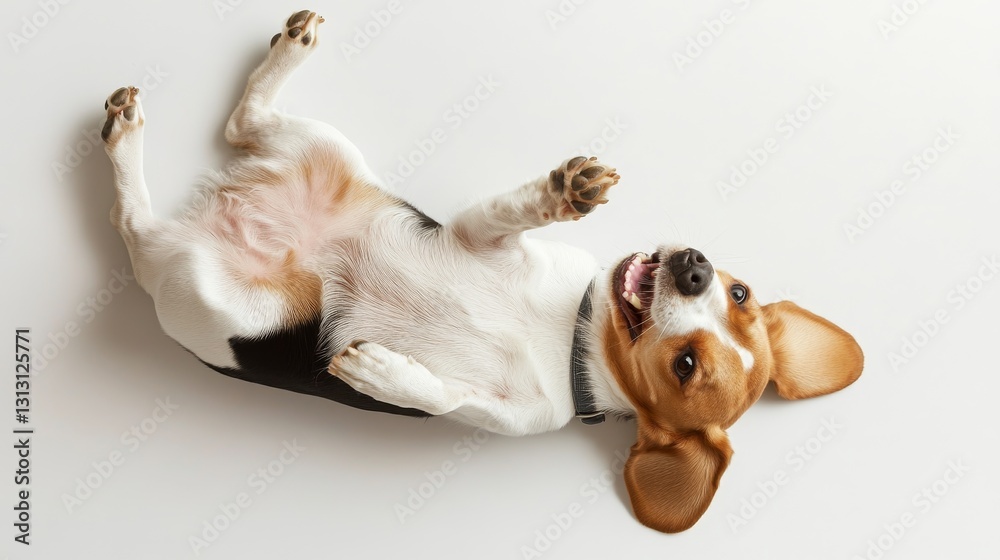 Beagle rolling on back against seamless white background, all four paws ...