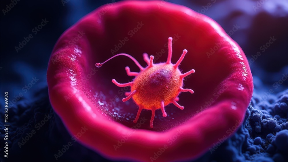 Malaria parasite, Glowing malaria parasite in a red blood cell detailed ...
