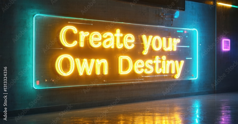Neon sign create your own destiny cyber blue golden jade glowing inside ...