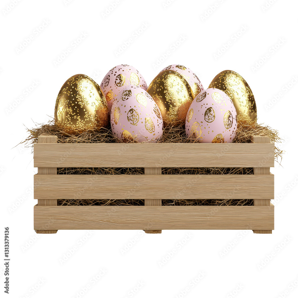 Wooden crate with golden and pastel Easter eggs, holiday clipart on transparent background Stock ...