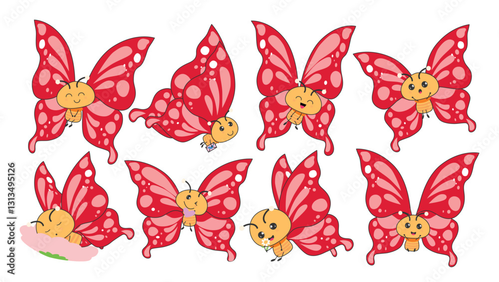 Red butterfly clipart drawing set. Cute 2d butterflies icon clip art in ...