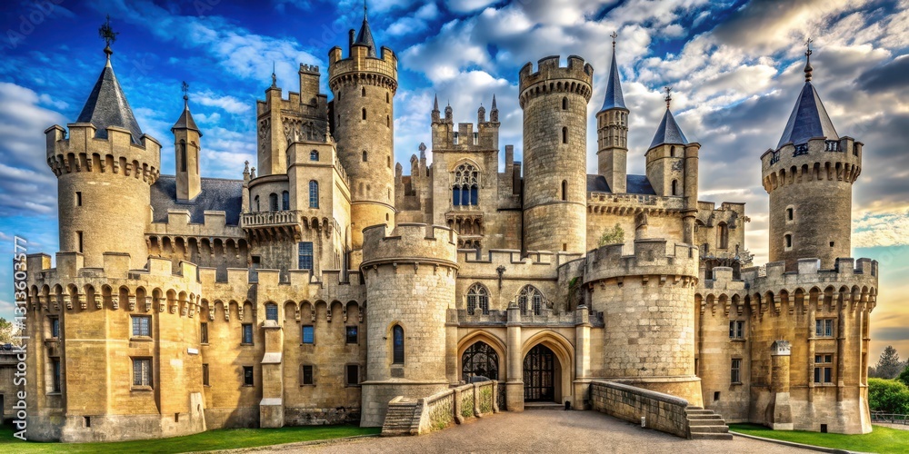 Towered castle fa?ade with battlements and ornate stone carvings in ...