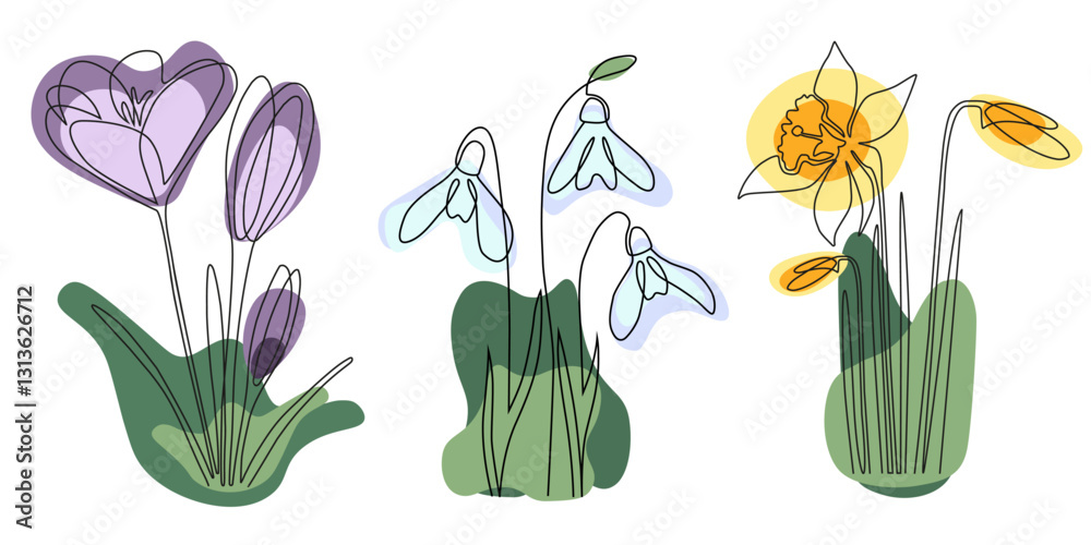 Vector de Stock One line drawing of colorful spring flower set ...