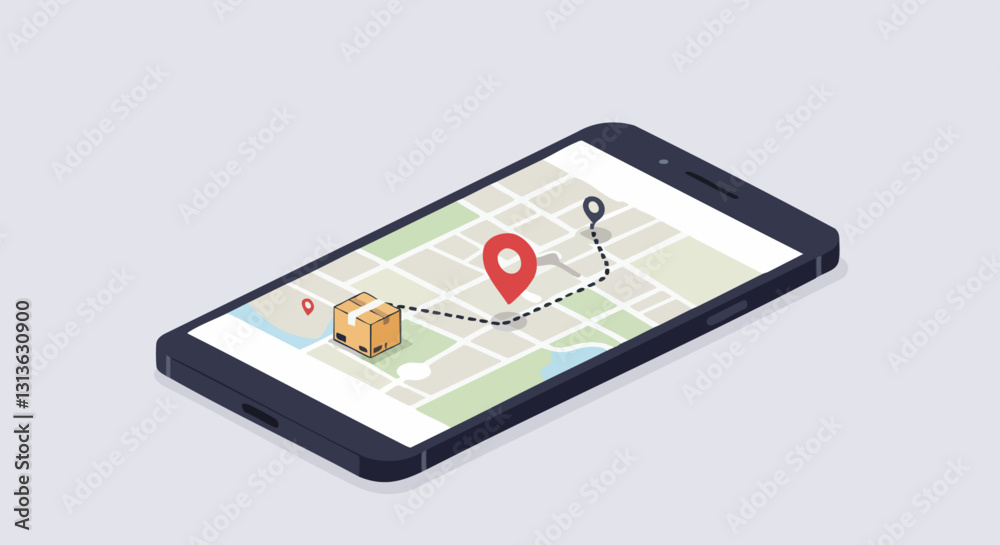 Smartphone displaying delivery tracking map with destination pin and ...