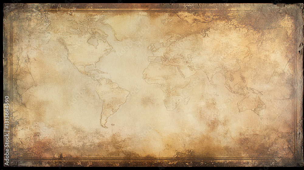 Aged world map in sepia tones revealing historical exploration and ...