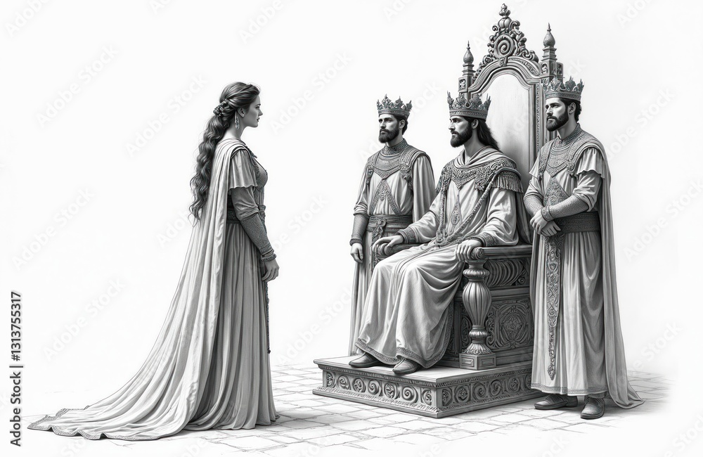 Pencil drawing of king on throne attended by guards, queen. Monarch ...