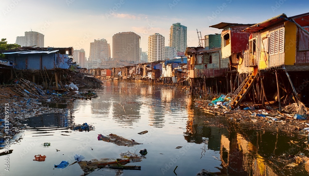 Squatter houses on stilts beside a polluted river, with debris in the ...