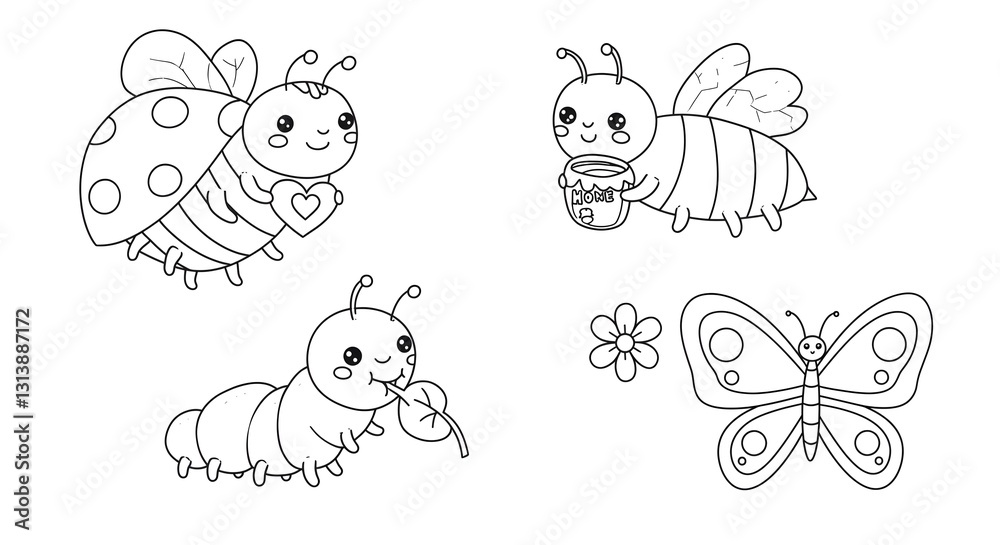 Cute Cartoon Insects Coloring Page with Bee Ladybug Caterpillar ...
