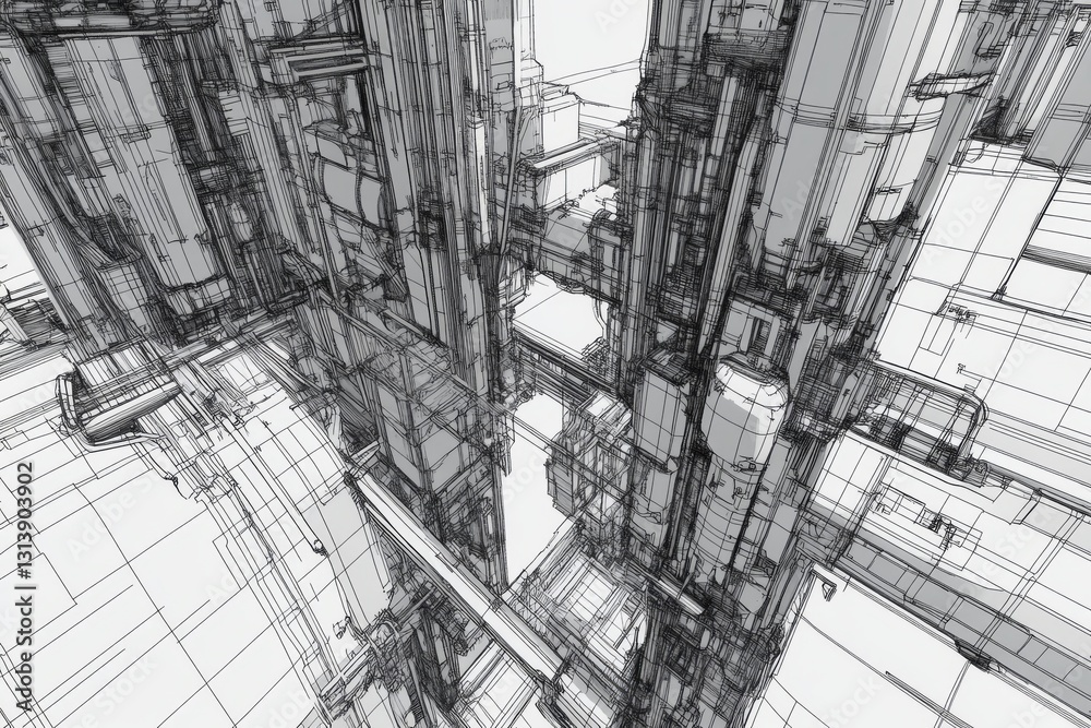 3D grid model for interior design depicted in a perspective view ...