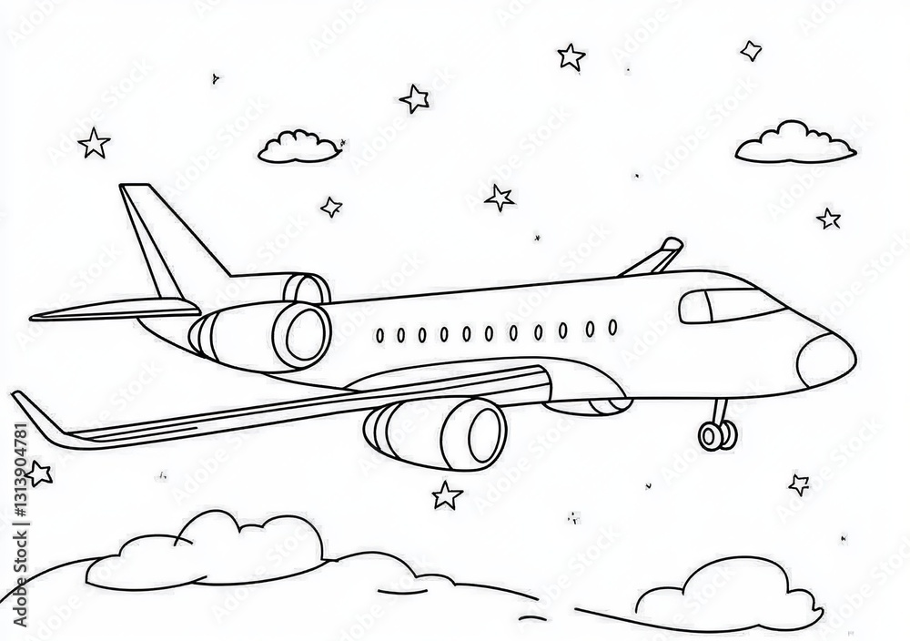 A simple coloring sheet for kids shows an airplane soaring through the ...