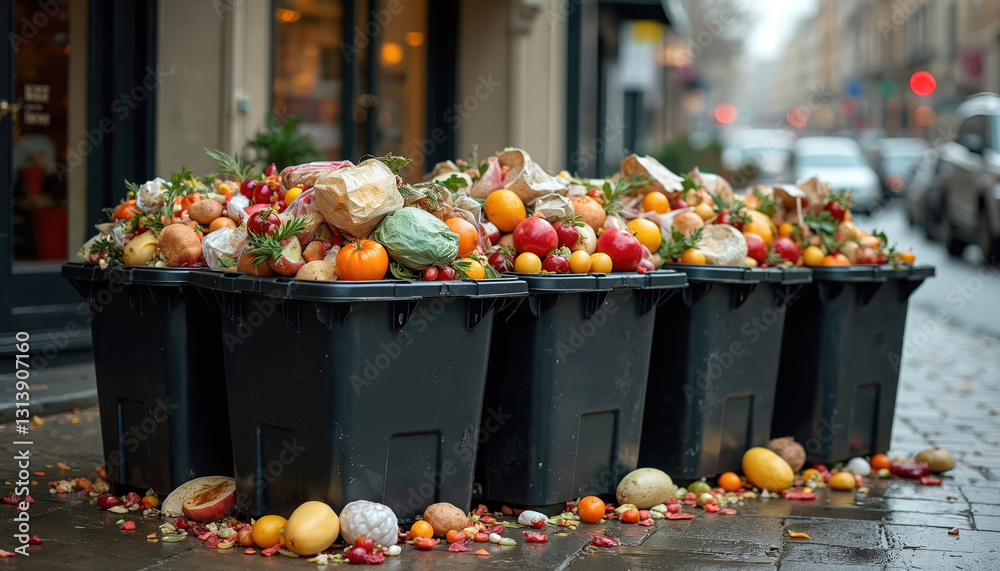 Overflowing rubbish bins on city street filled with discarded food ...