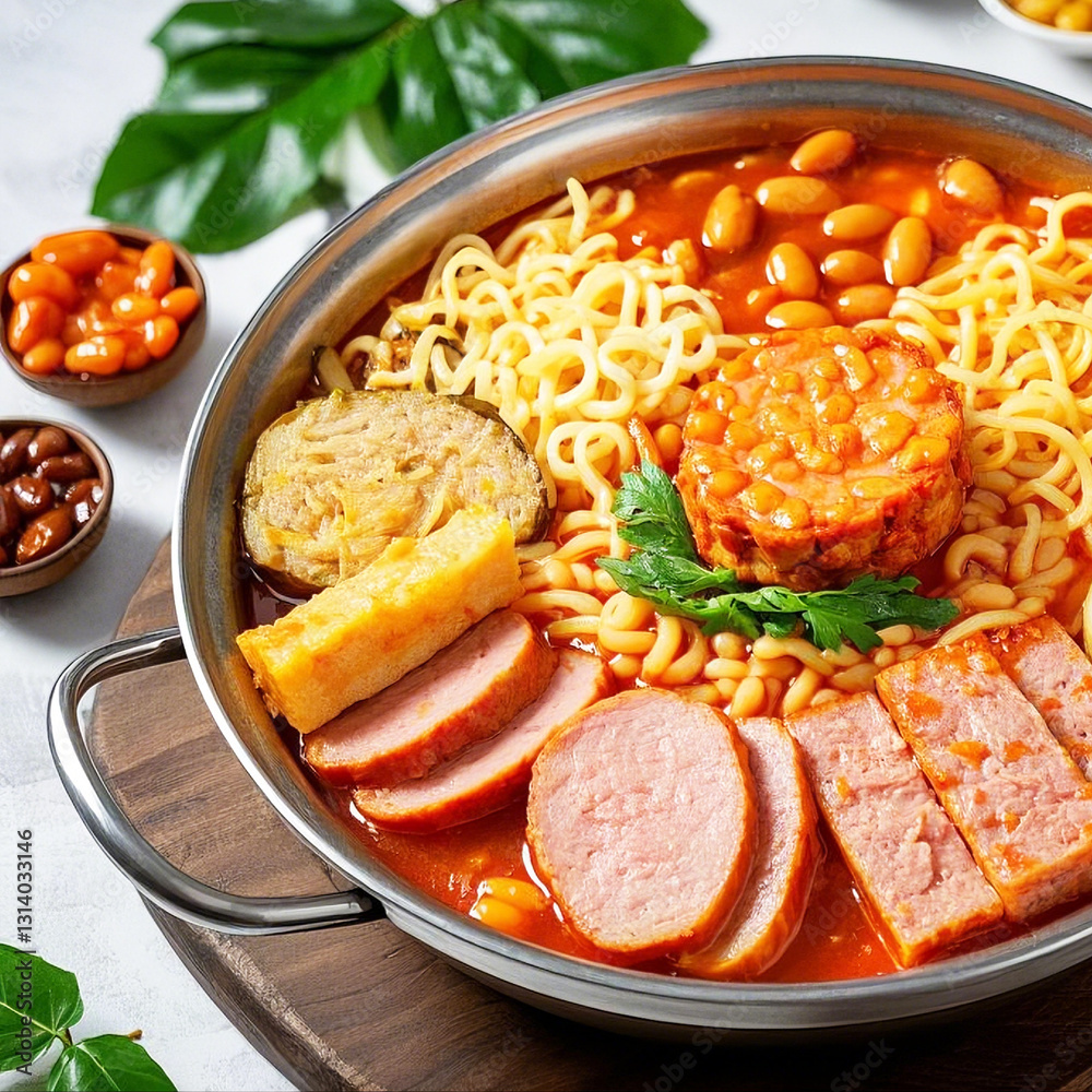 Korean spicy stew with sausage, ham, ramen noodles, and vegetables ...