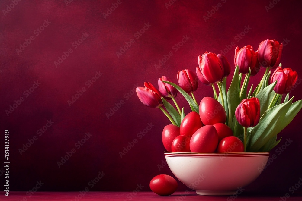 Easter eggs in red color, tulips, and berries on a dark crimson ...