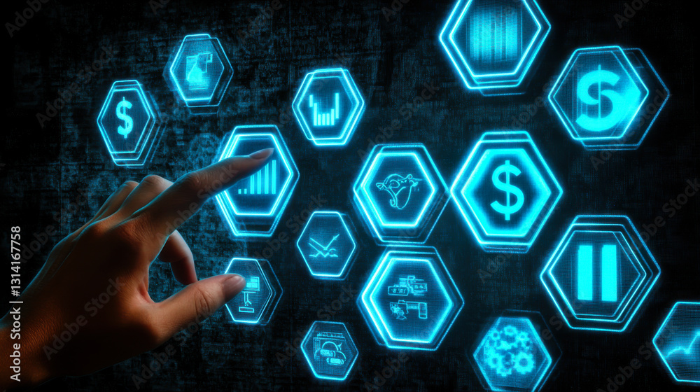 Technology interface displaying data analytics and finance metrics ...
