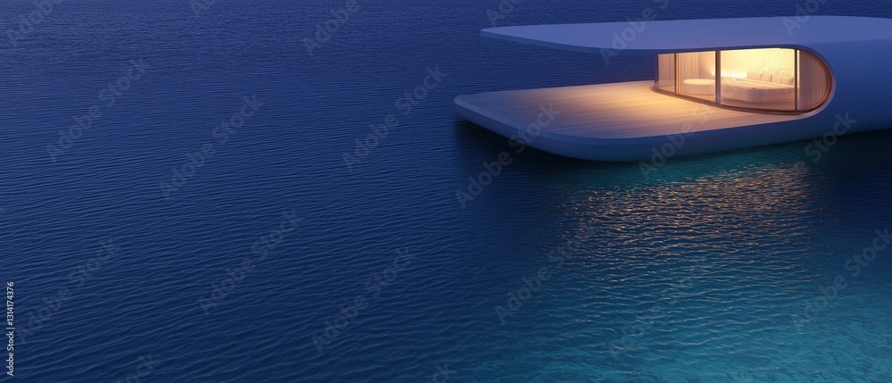 Futuristic floating houseboat in the middle of the ocean at night. the ...