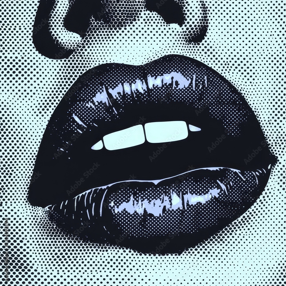 Woman kiss lips as retro halftone collage cutouts for mixed media ...
