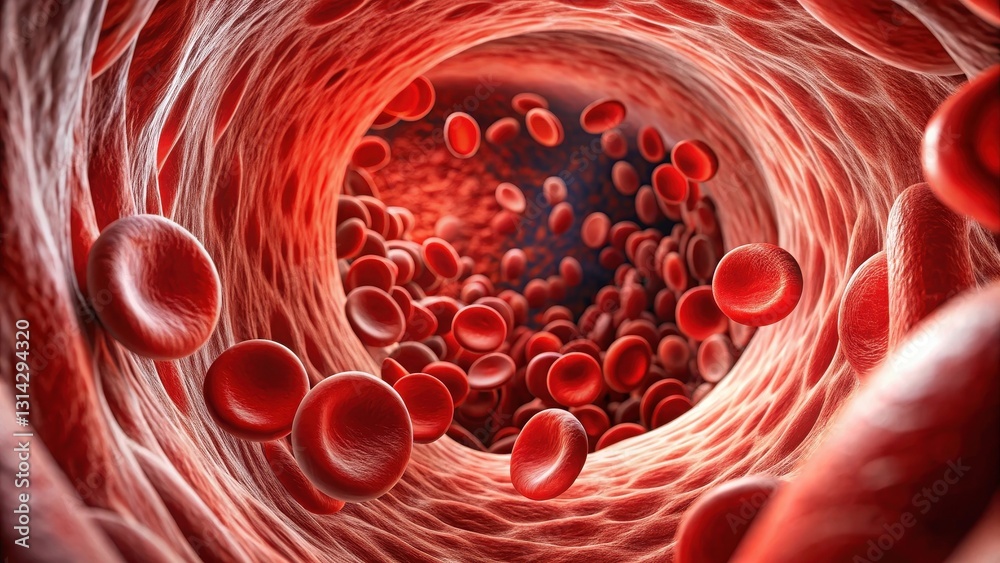 Detailed microscopic image of red blood cells flowing through a narrow ...