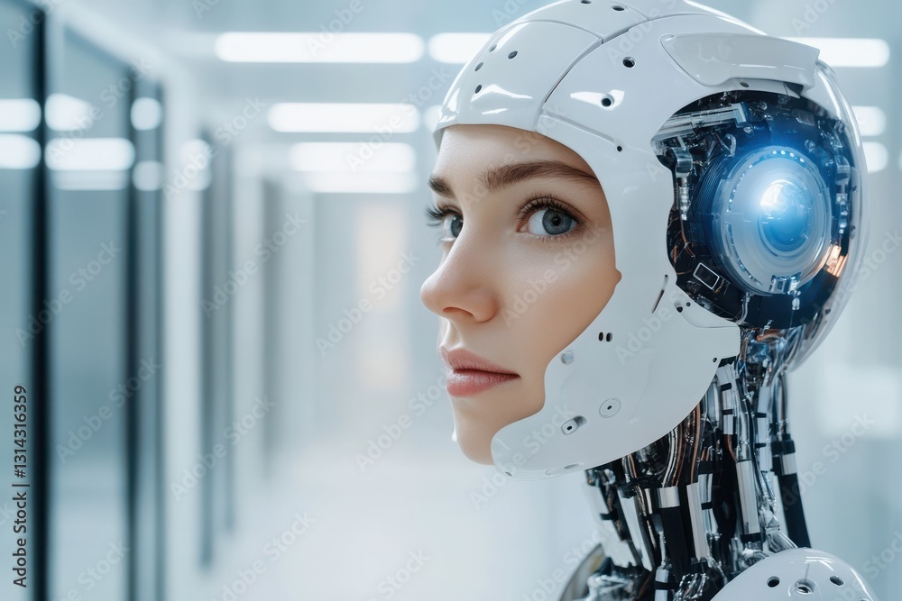 Woman wearing futuristic robotic helmet with open brain, hi tech ...