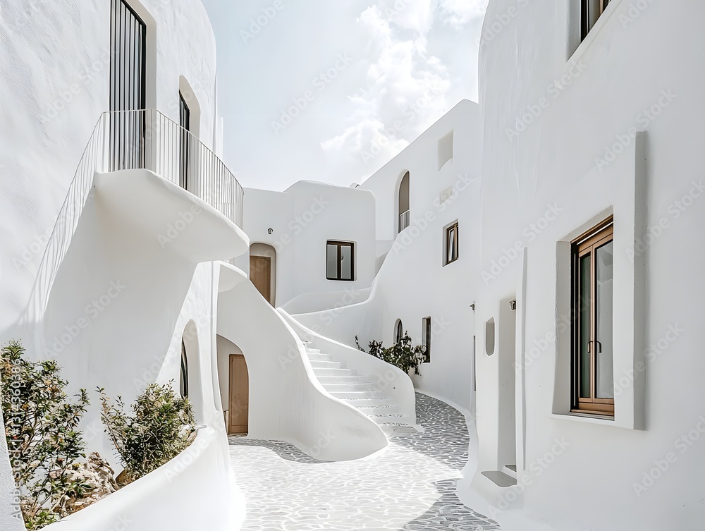 Cycladic Architecture with Curved White Walls and Narrow Alleyways on ...