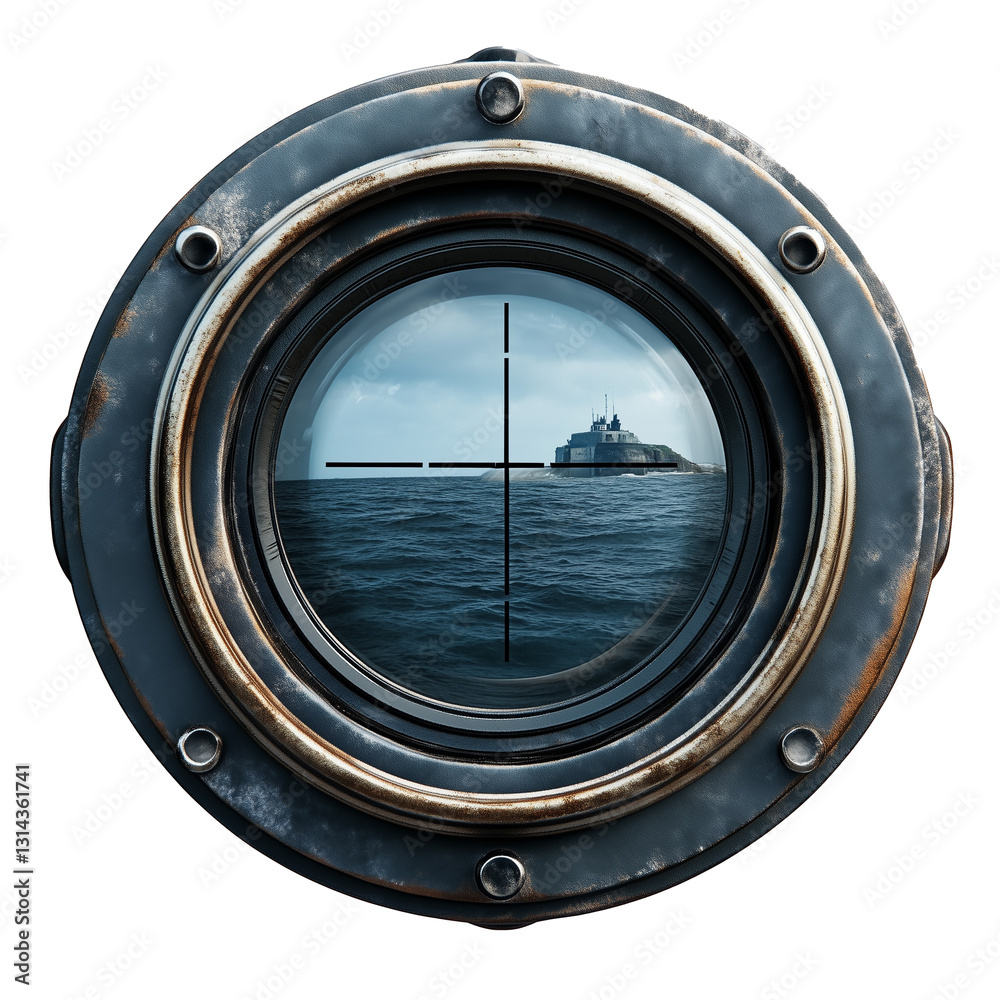 Submarine periscope reveals distant ship with crosshairs in the ocean ...