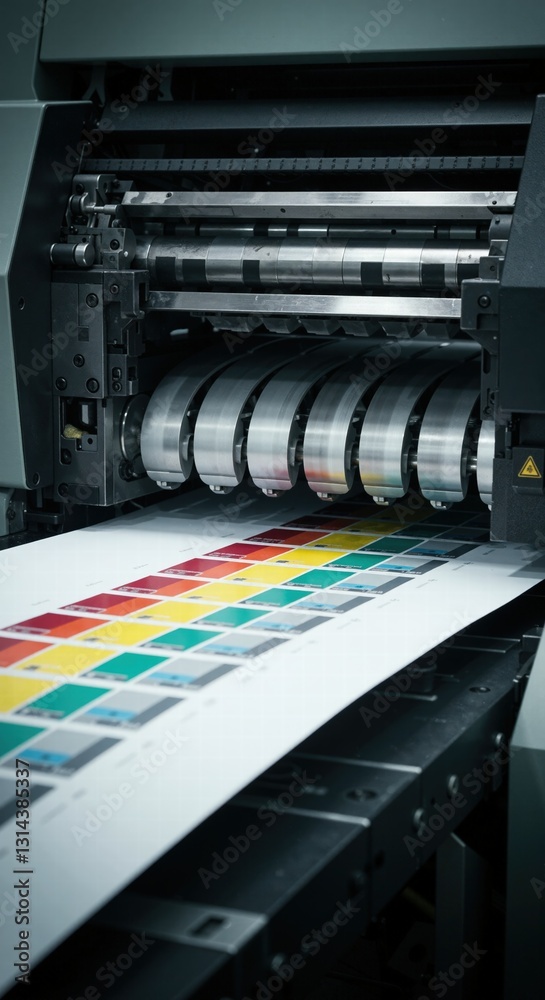 High-precision printing press with vibrant color swatches for quality ...