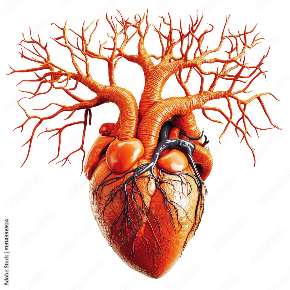 Anatomical illustration of human heart with detailed vascular structure ...