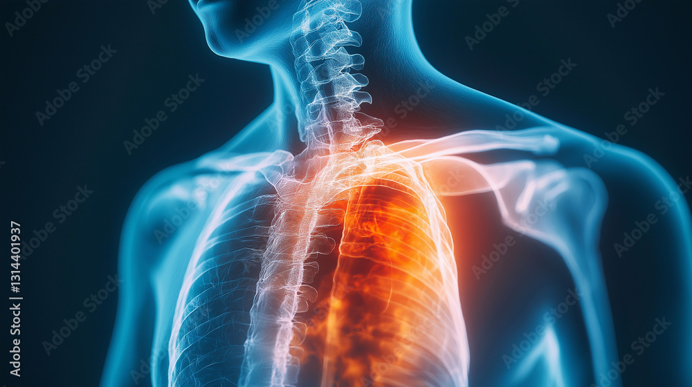 A close-up digital X-ray of a personâ s upper torso, with the left ...