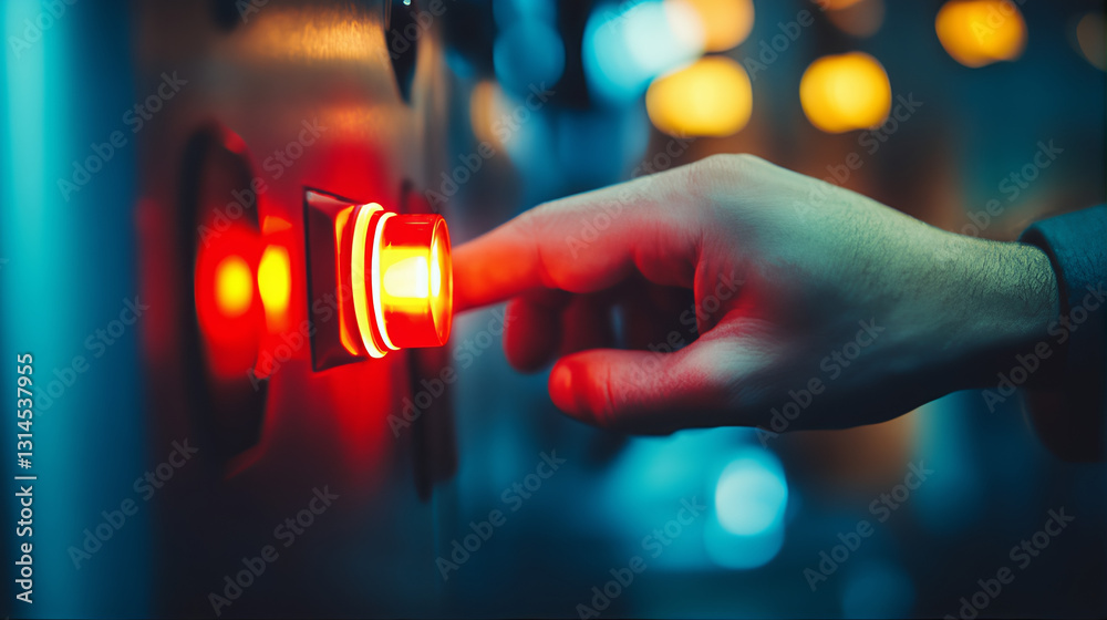 Hand pushing button on switch, a door access control system. Fire alarm ...