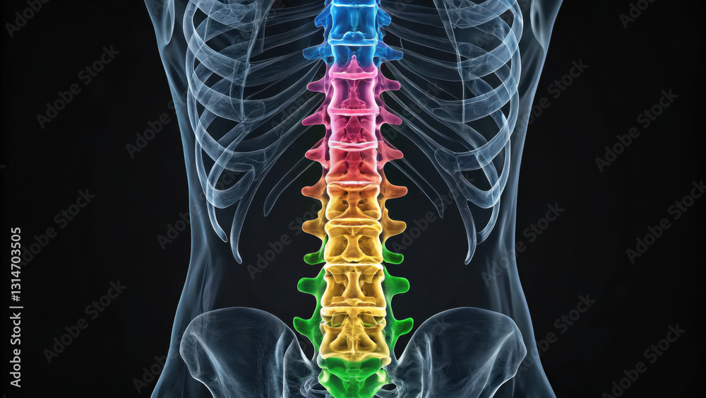 Anatomical illustration of human spine with color coded sections ...