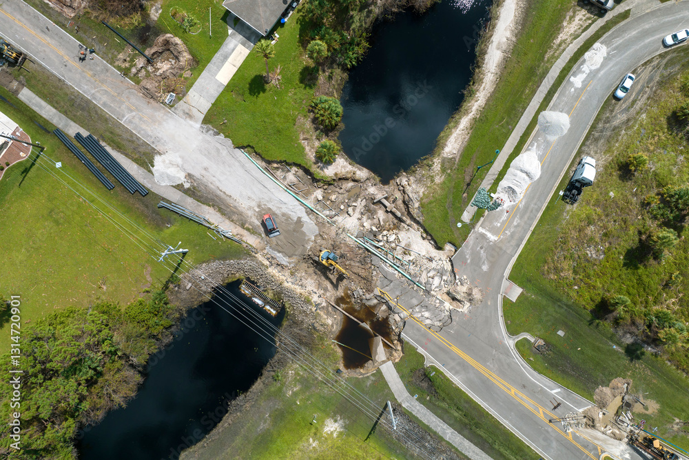 Destroyed bridge after hurricane flooding in Florida. Construction ...