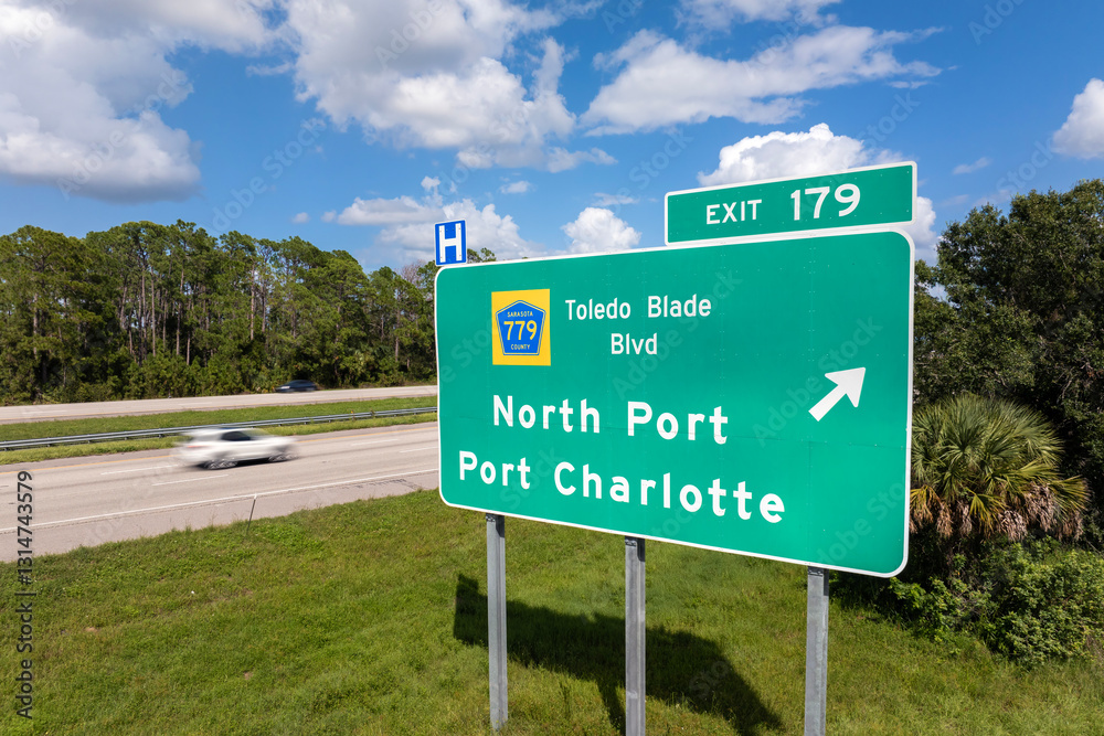 Interstate freeway exit sign in Florida, USA. I-75 highway interchange ...