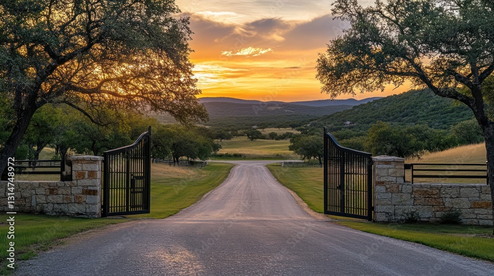 Sunset at the Ranch Entrance: A Texas Hill Country Oasis Stock ...