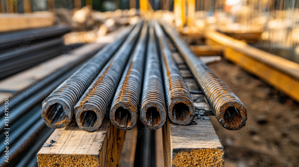 Steel rebar is tightly organized on wooden supports at a construction ...