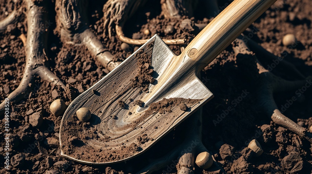 rustic wooden-handled shovel with remnants of soil and exposed tree ...