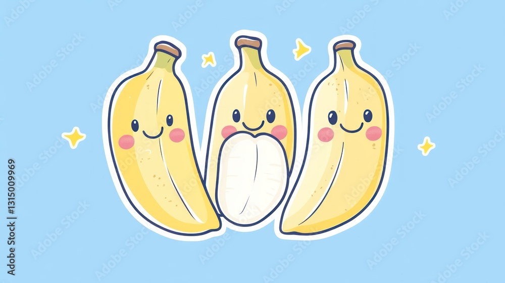 Cute bananas with happy faces on light blue background. Stock photo ...