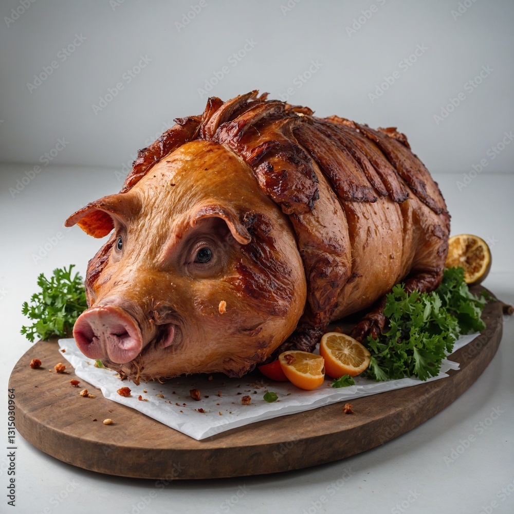 Filipino lechon (roast pig) with crispy skin on white background Stock ...