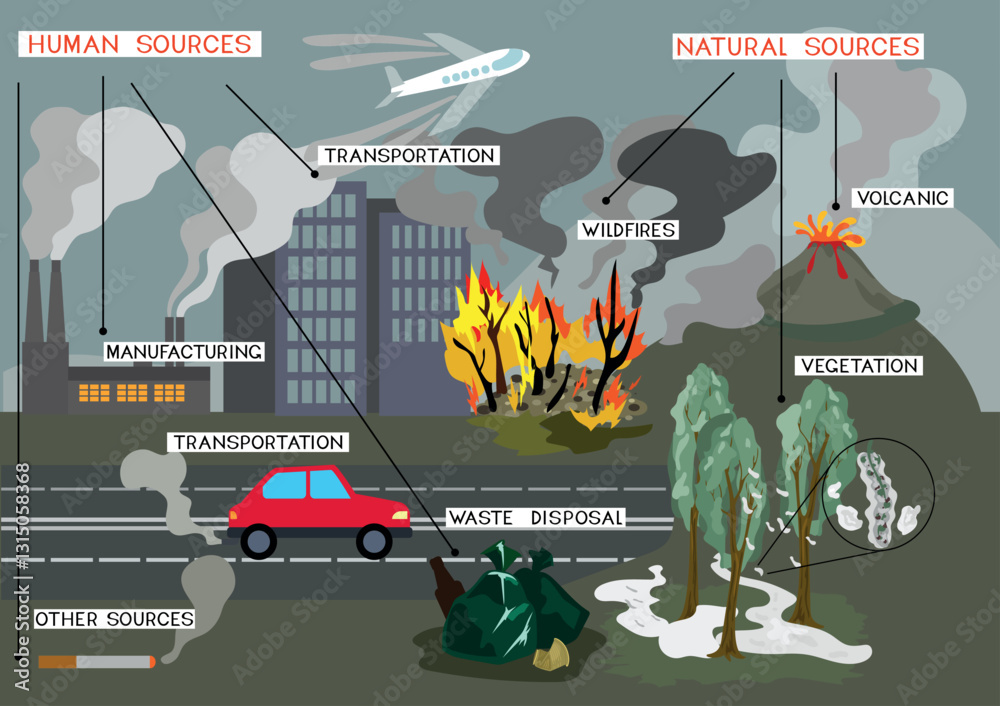Scheme of human and natural sources of air pollution: vehicular ...